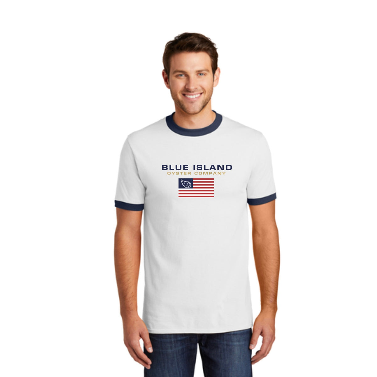 Blue Island Flag Logo Ringer T-Shirt - Closeout Sale! – Blue Island Oysters